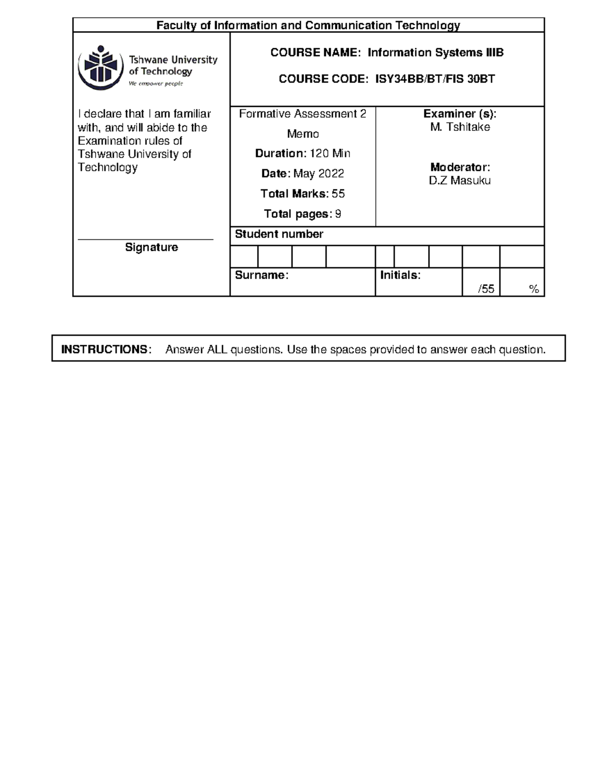 ISY34BT FA2 MEMO S1 2022 - Faculty of Information and Communication Technology I declare that I ...