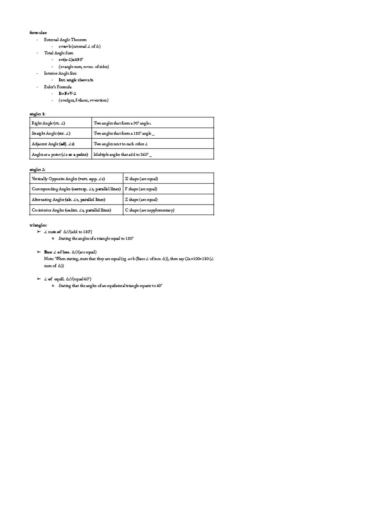 math angles cheat sheet - formulas: - External Angle Theorem - c=a+b ...