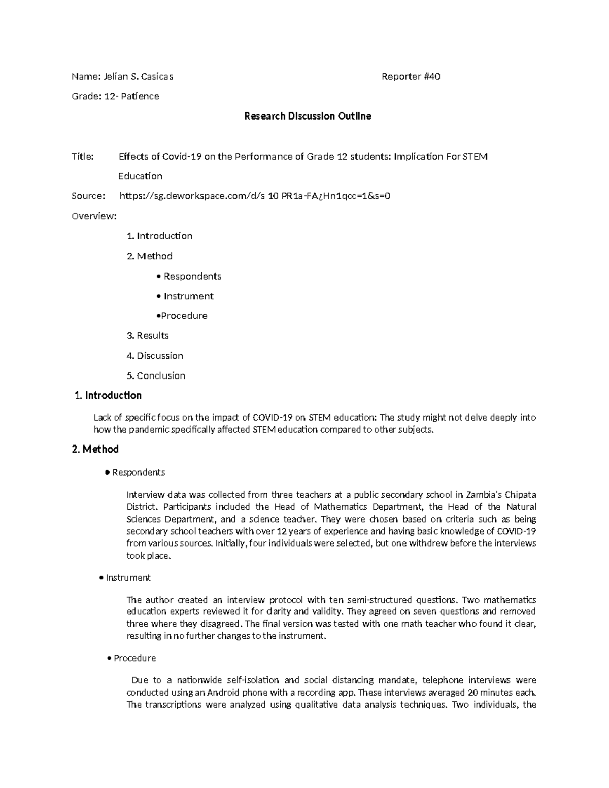 Share PR2- Outline by Jelian Casicas - Name: Jelian S. Casicas Reporter ...