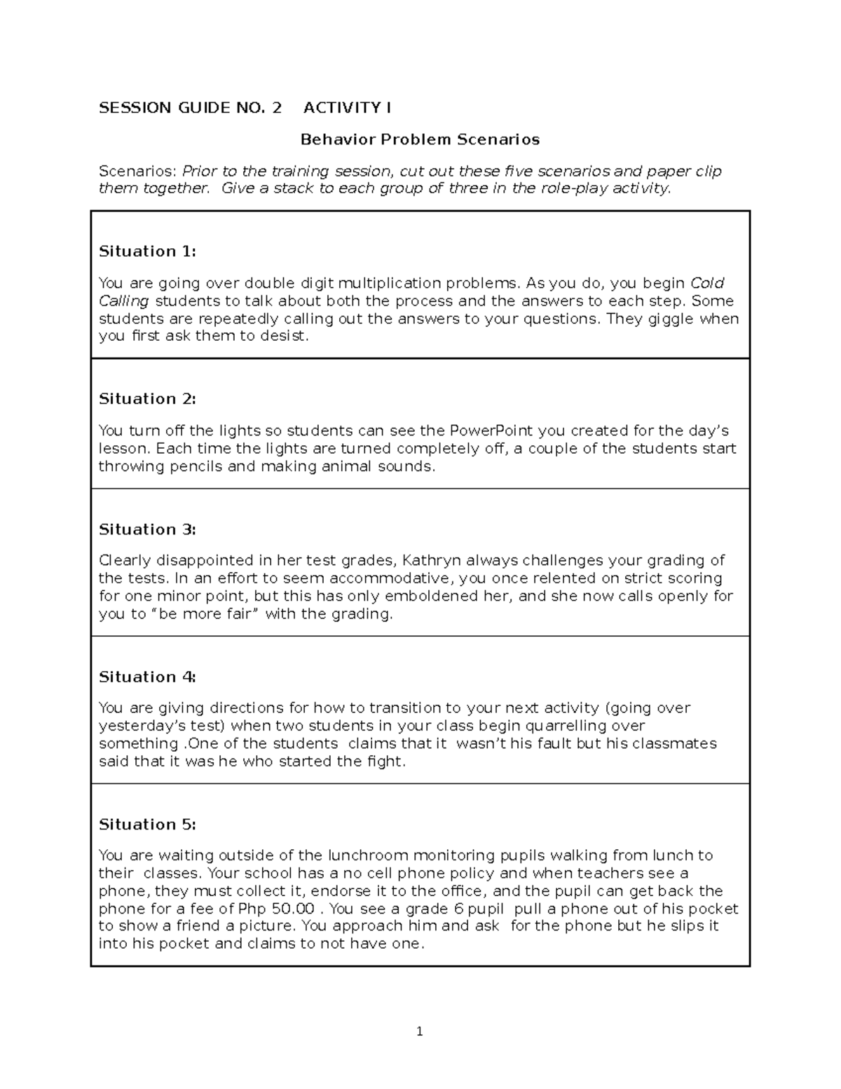 Behavior-Problem-Scenarios - SESSION GUIDE NO. 2 ACTIVITY I Behavior ...