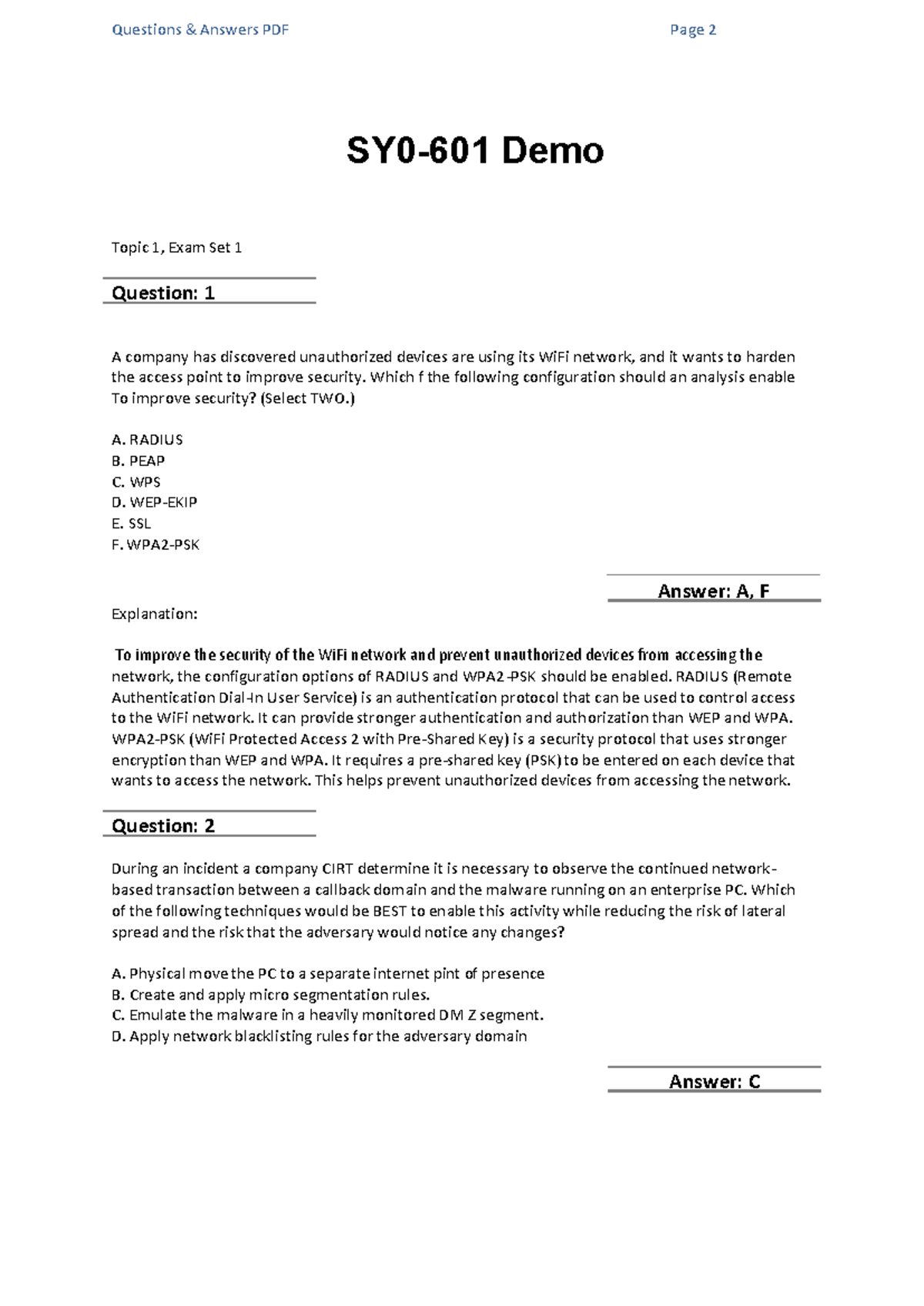 SY0-601-Demo - Notes - Questions & Answers PDF Page 2 SY0-601 Demo ...