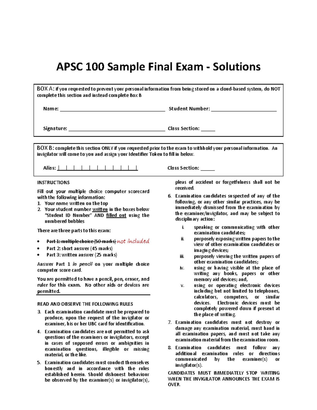 Final, answers - Warning: TT: undefined function: 32 APSC 100 Sample Final Exam ‐ Solutions BOX ...