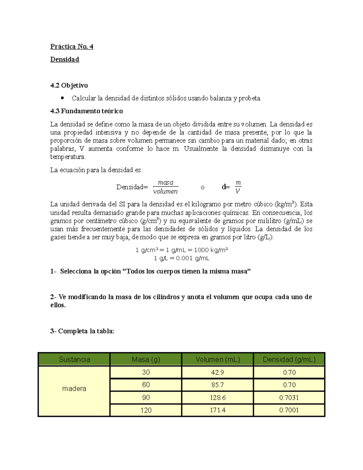 Practica #4 Densidad - Práctica No. 4 Densidad 4 Objetivo Calcular la ...