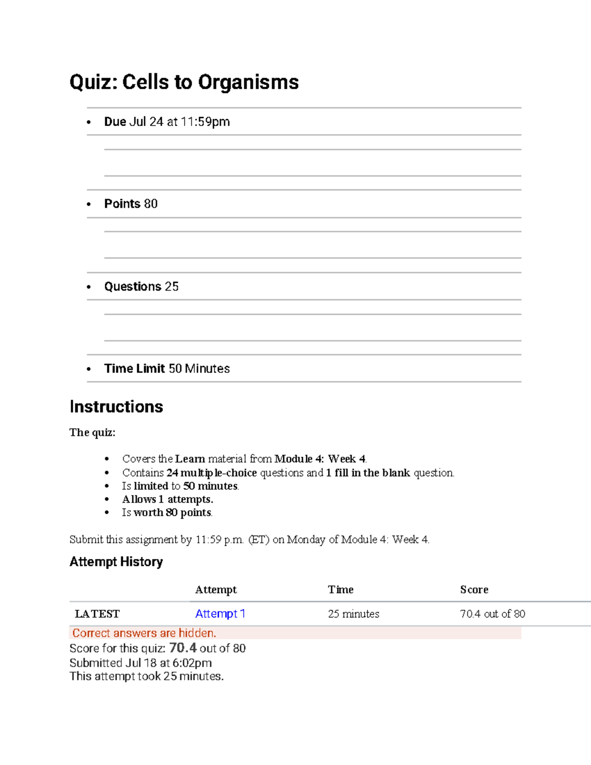 Quiz - Cells to Organisms - Quiz: Cells to Organisms Due Jul 24 at 11 ...