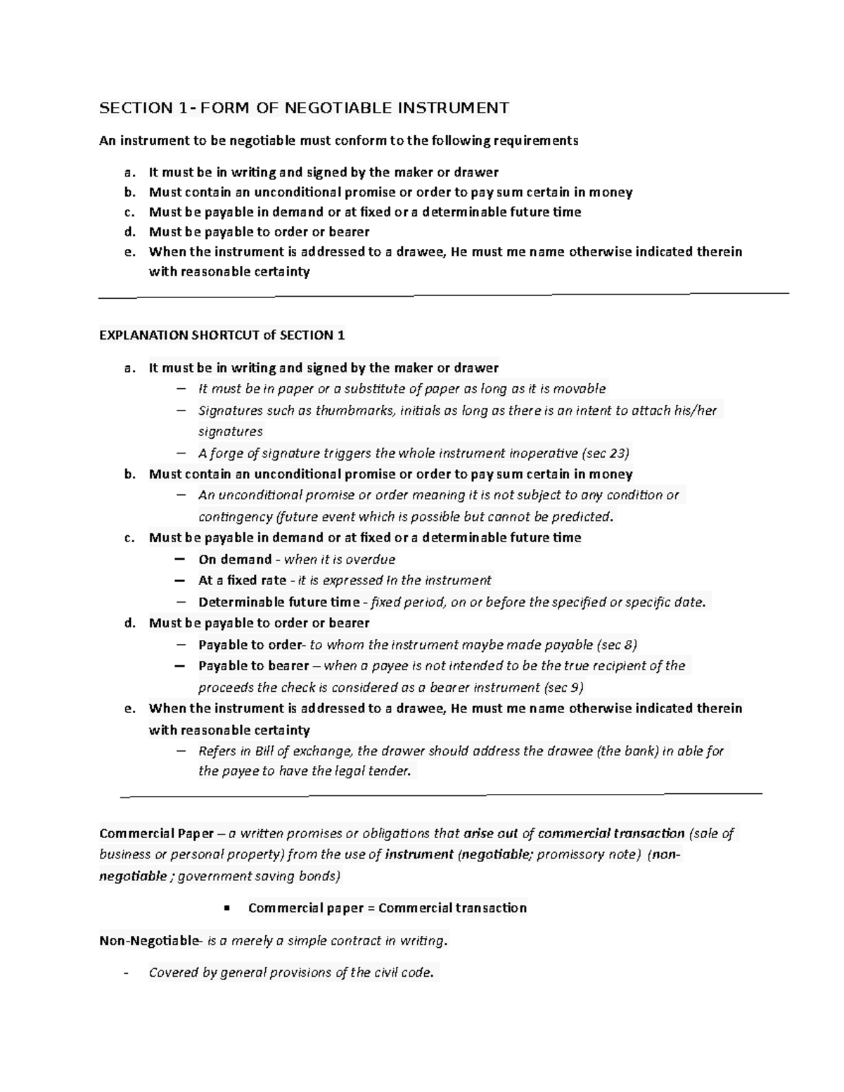 Negotiable Instrumentss - SECTION 1- FORM OF NEGOTIABLE INSTRUMENT An ...