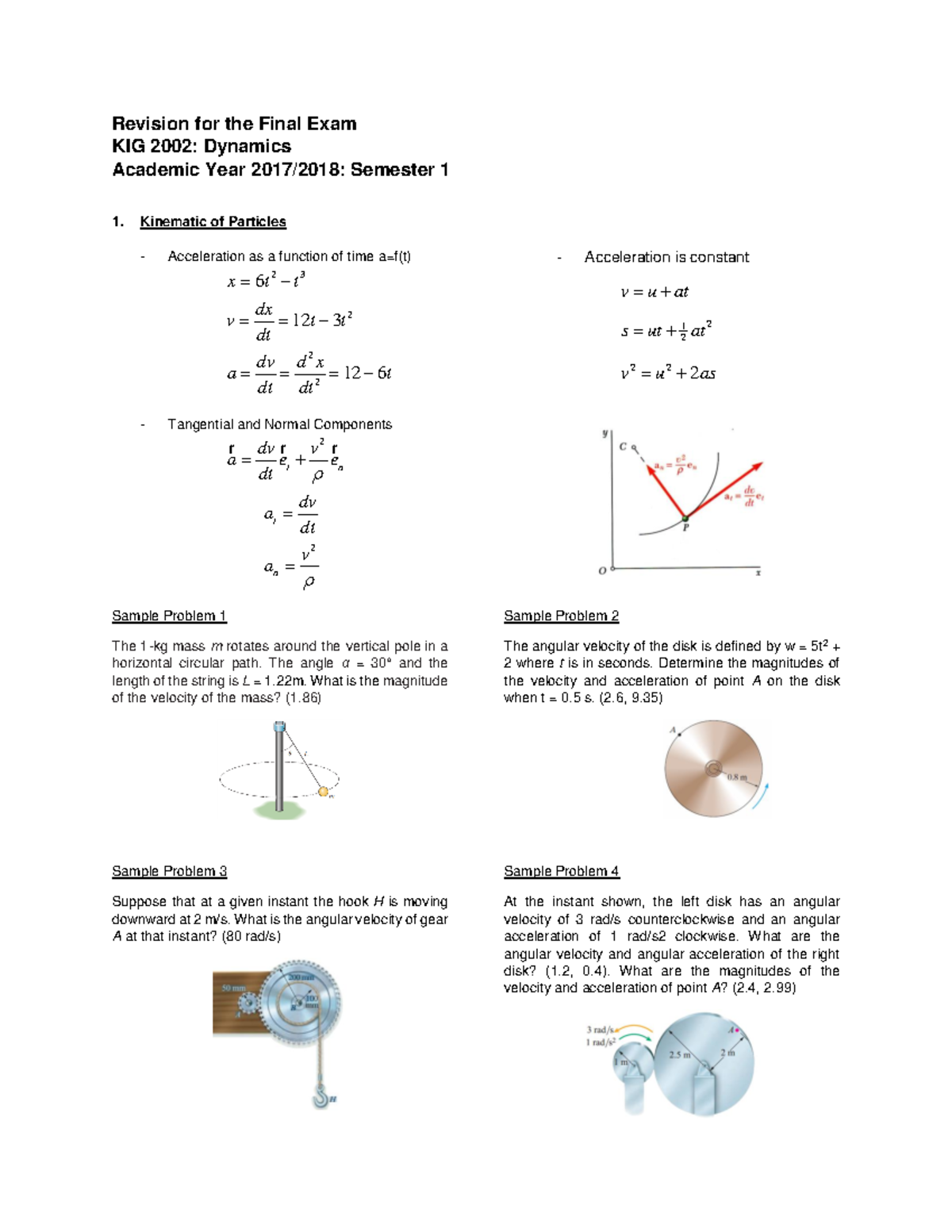 Revision 4 - Summary Dynamics - Revision for the Final Exam KIG 2002 ...