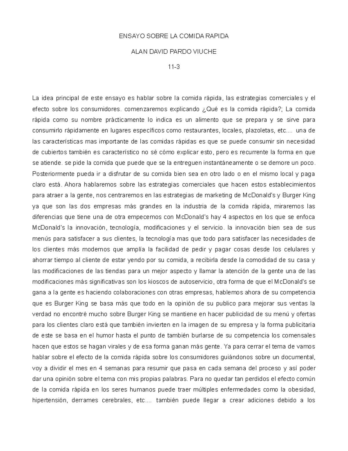 Ensayo Sobre LA Comida Rapida - ENSAYO SOBRE LA COMIDA RAPIDA ALAN ...