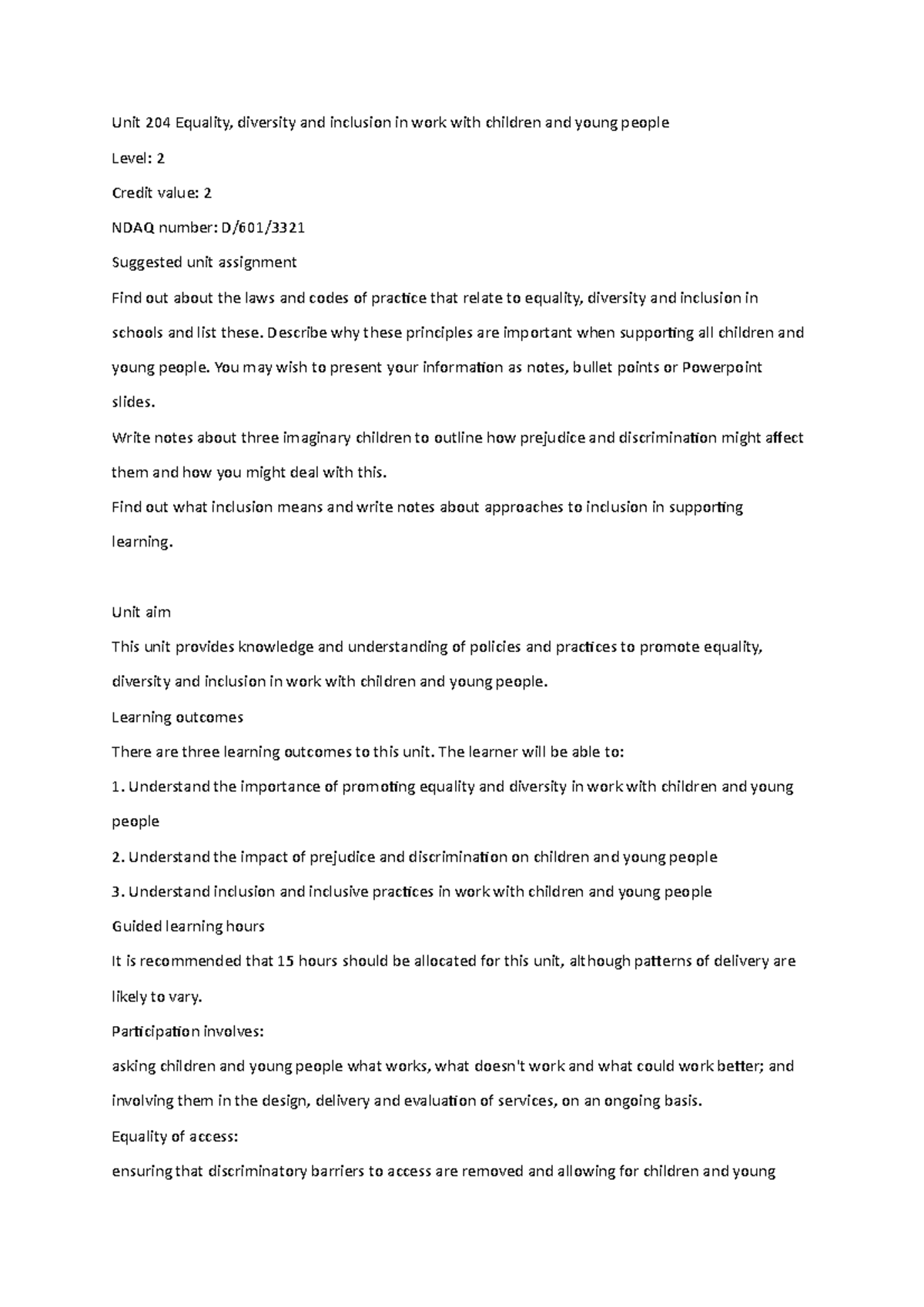 Unit 204 Equality, diversity and inclusion in work with children and ...