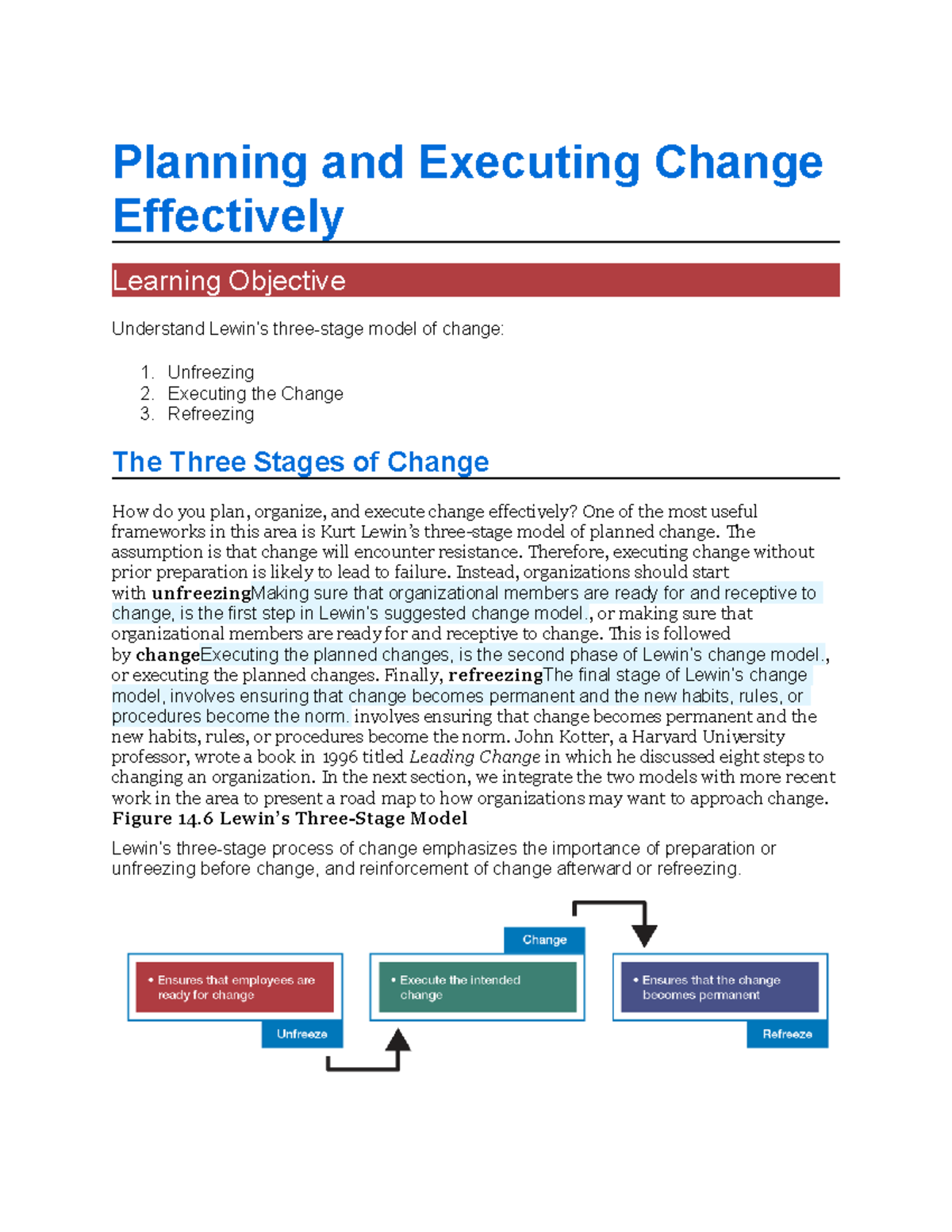 Planning and Executing Change Effectively - Organizational Behavior ...