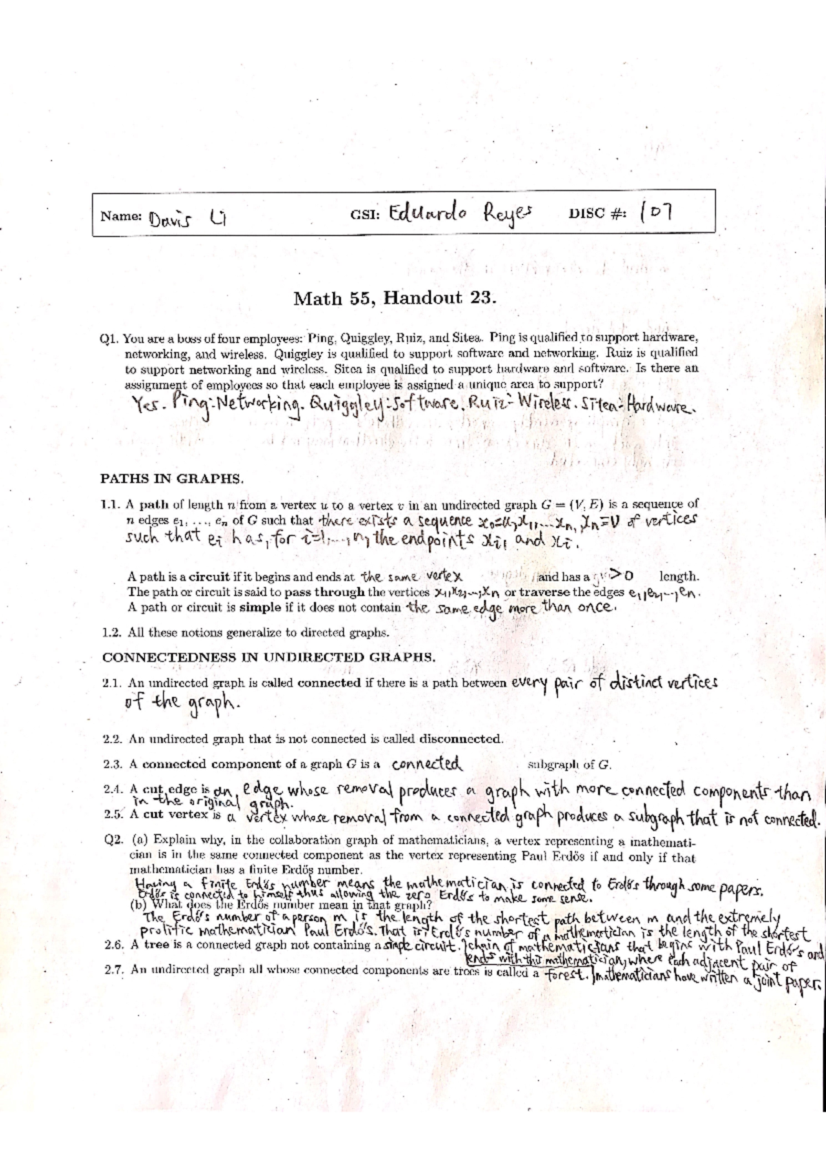 Math 55, Handout 23 - Lecture notes 23 - Name: Dows CL GSI: EdUerele ...