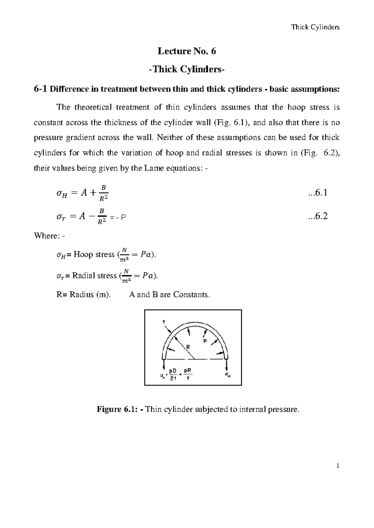 Thick Cylinders Lectures - Lecture No. 6 -Thick Cylinders- 6-1 ...