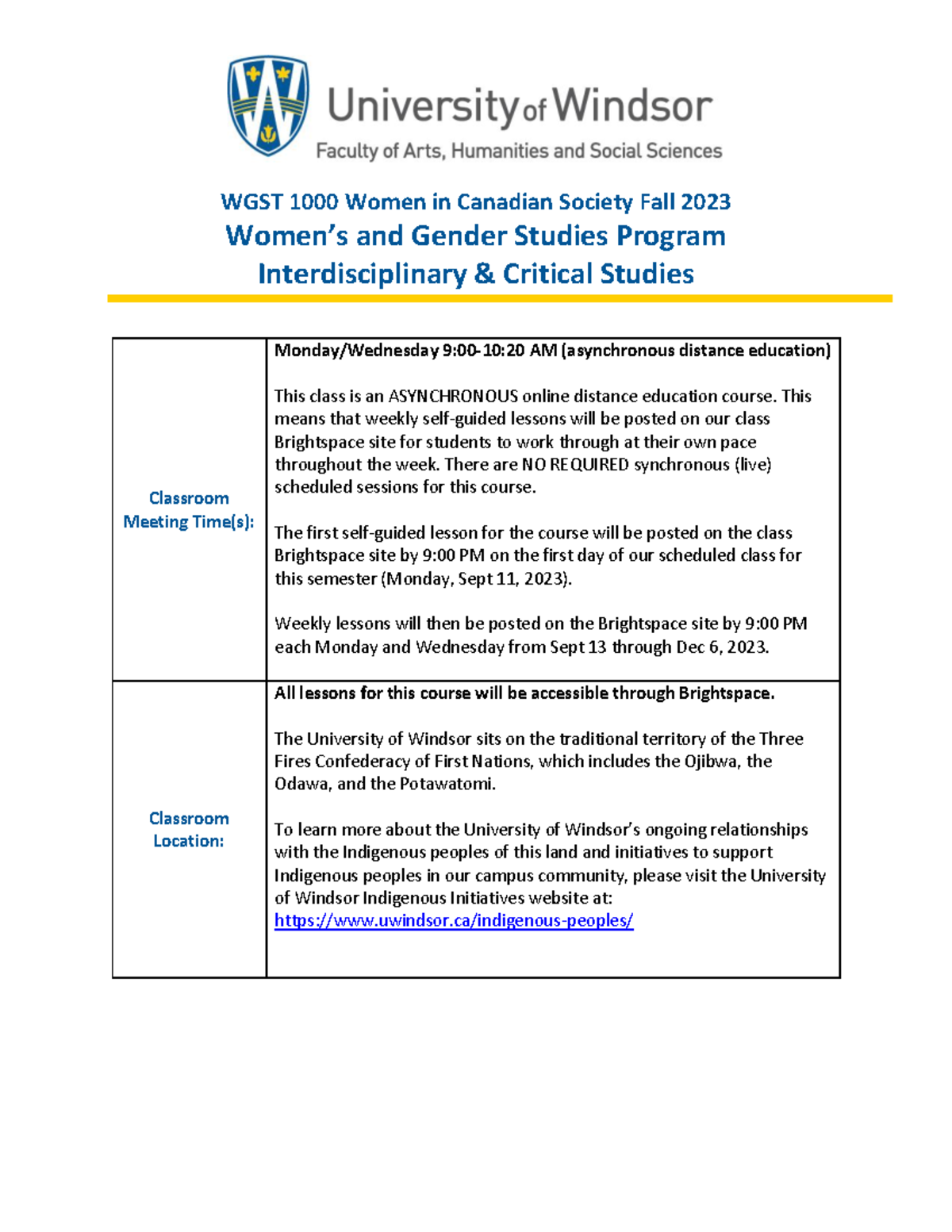 WGST 1000 syllabus - WGST 1000 Women in Canadian Society Fall 2023 ...