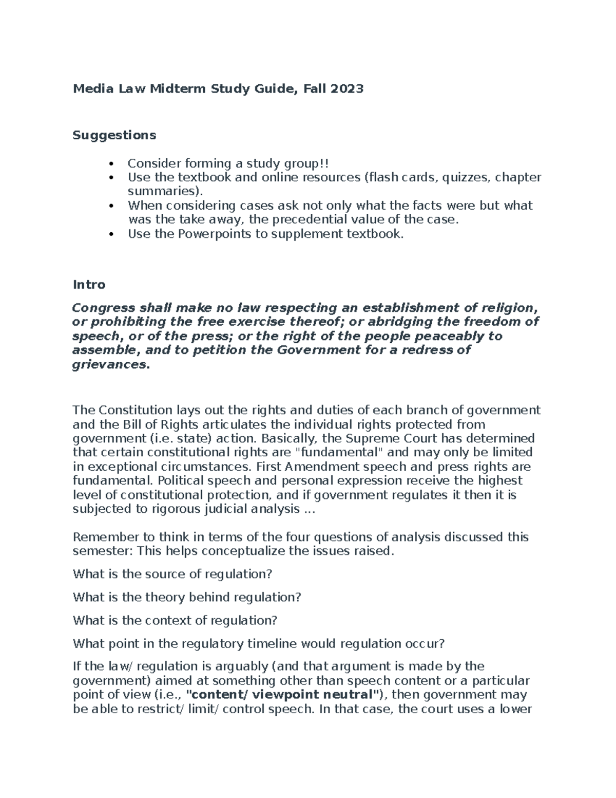 Media and the Law Midterm Study Guide - Media Law Midterm Study Guide ...