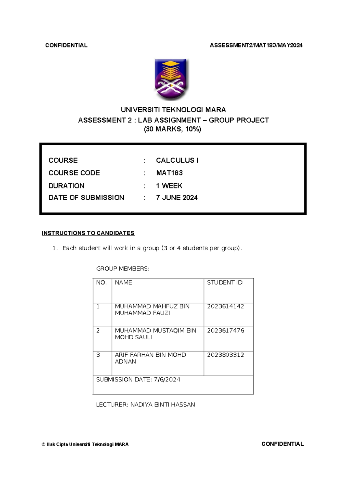 Question Assessment 2 MAT183 MAY 2024 - UNIVERSITI TEKNOLOGI MARA ASSESSMENT 2 : LAB ASSIGNMENT ...