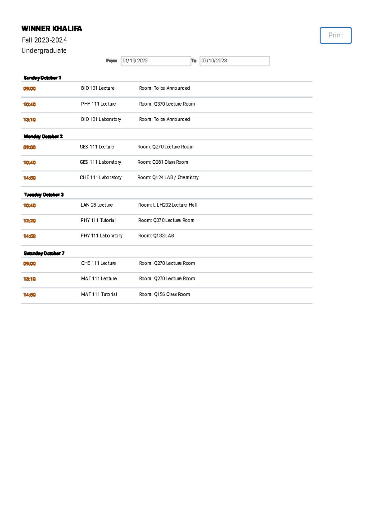 View My Classes sure - Print WINNER KHALIFA Fall 2023- Undergraduate From 01/10/2023 To 07/10 ...