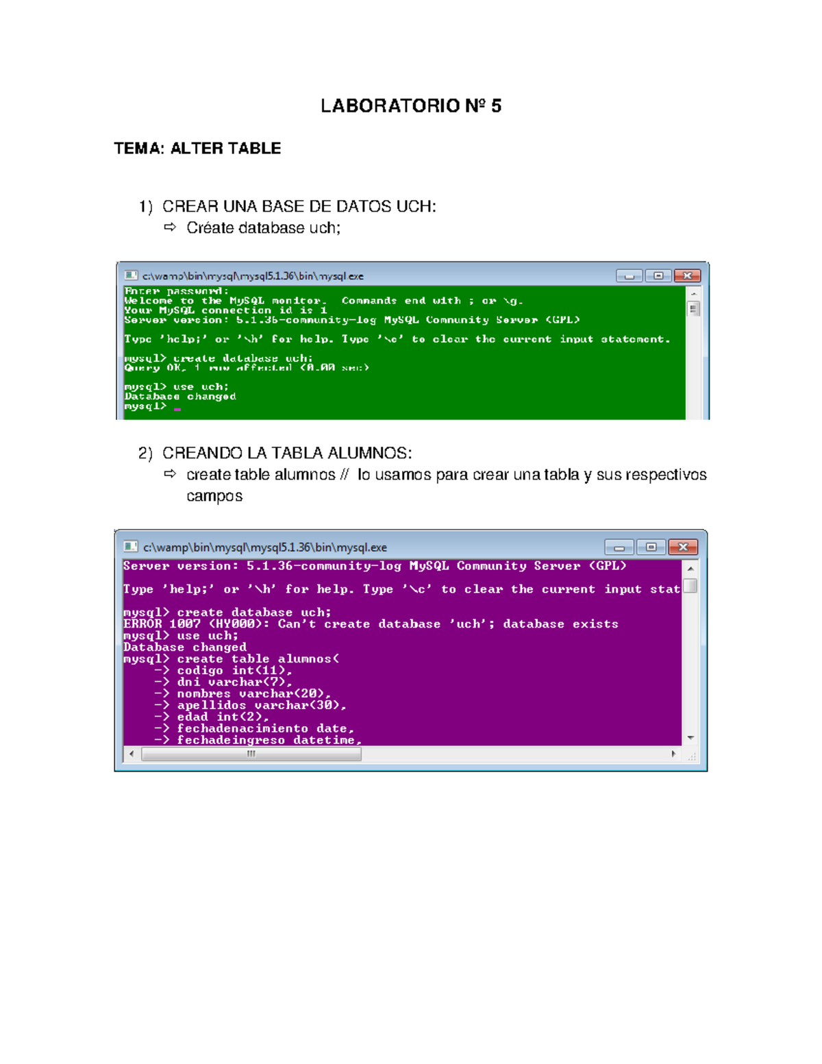 Laboratorio Nº 6 Alter Table Mysql - LABORATORIO Nº 5 TEMA: ALTER TABLE ...