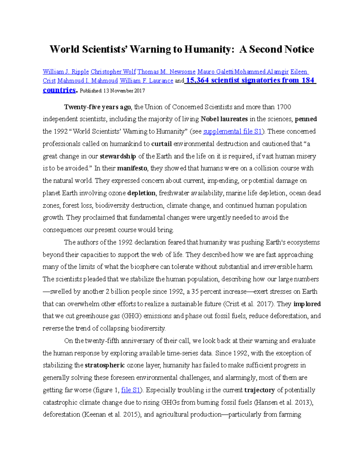 World Scientists Warning to Humanity - World Warning to Humanity: A ...