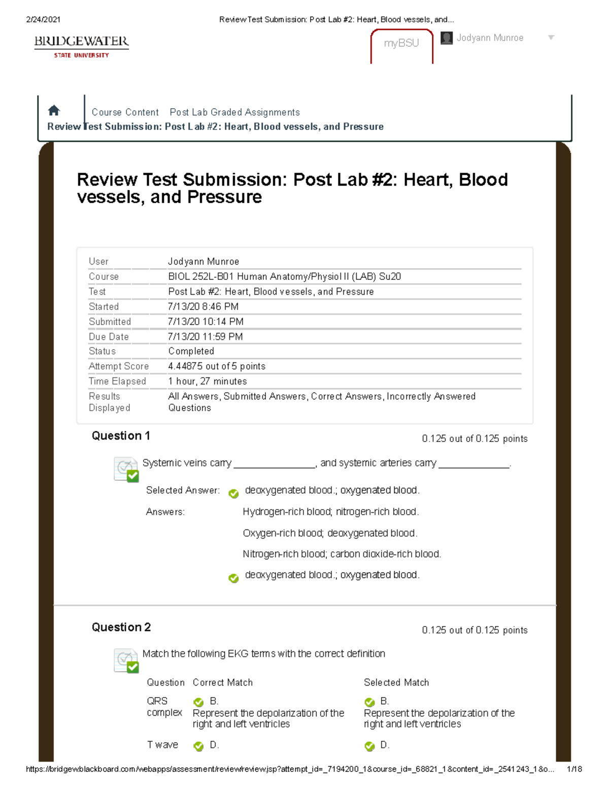 Review Test Submission Post Lab #2 Heart, Blood vessels, and - - Studocu