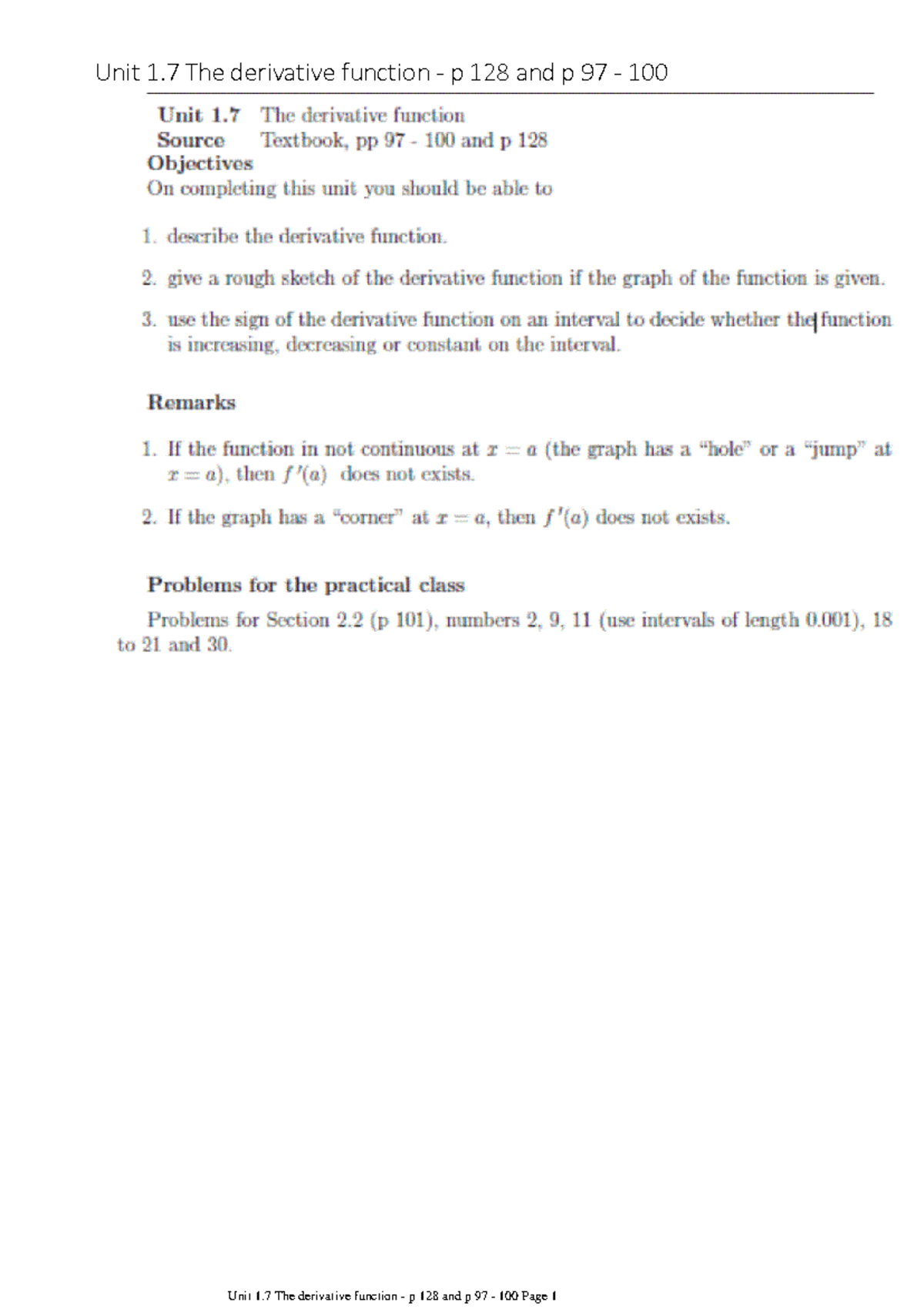 Unit 1.7 The derivative function - p 128 and p 97 - 100 - WTW 134 ...