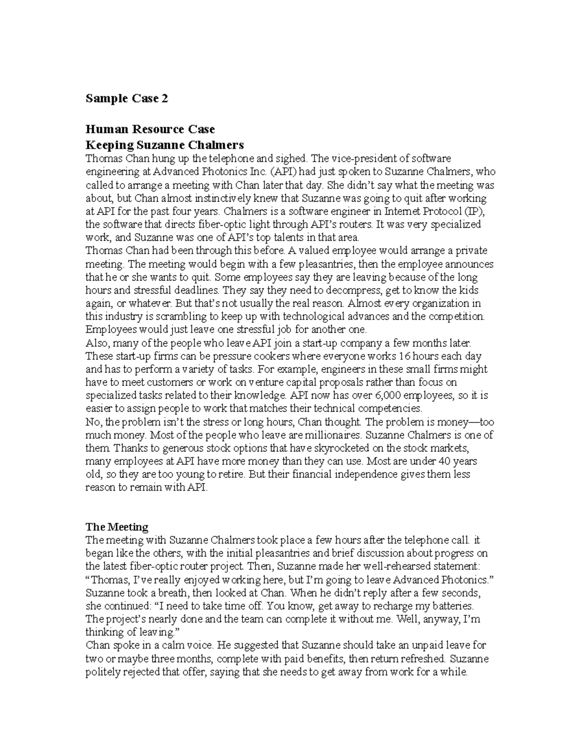 Human Resource Management - Suzanne chambers case - Sample Case 2 Human ...