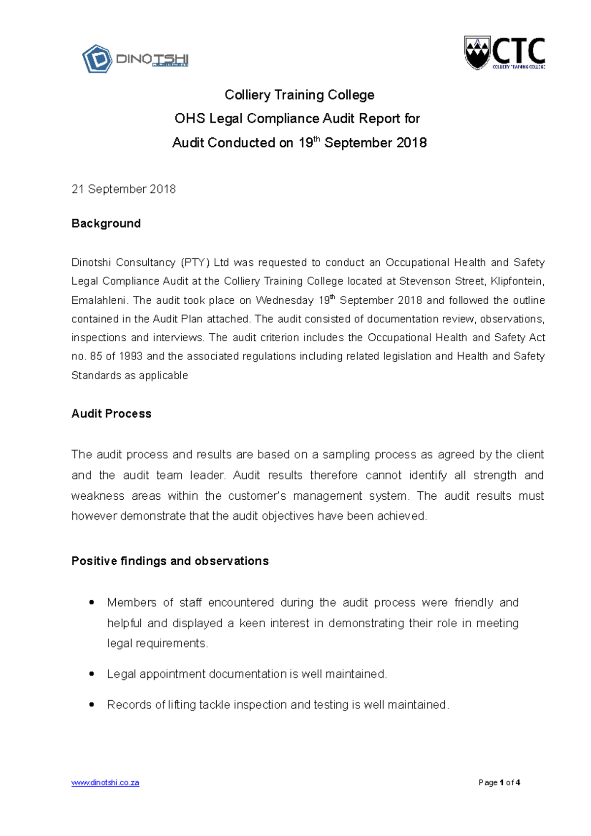 Sample - CTC Legal Compliance Audit Report September 2018 - Colliery ...