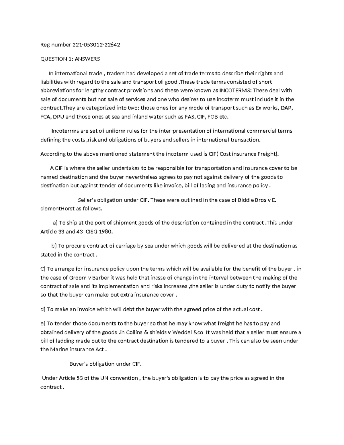 Inco terms - Reg number 221-053012- QUESTION 1: ANSWERS In ...