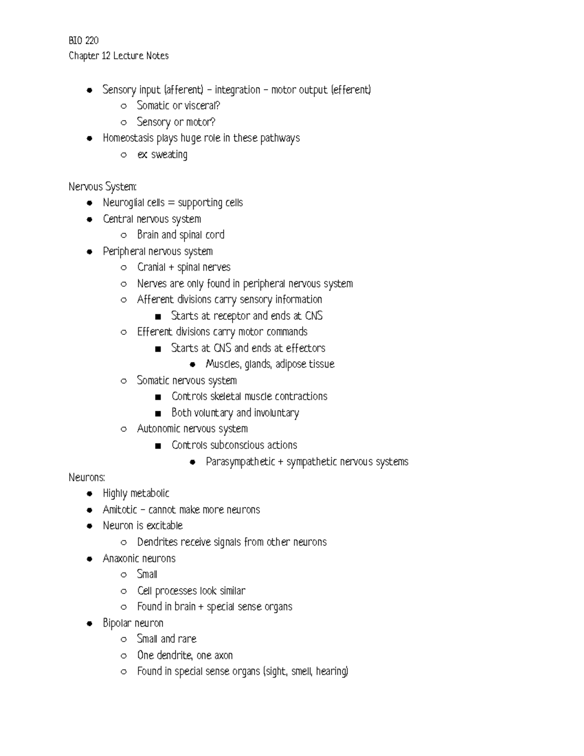 BIO 220 Chapter 12 Lecture Notes - BIO 220Chapter 12 Lecture Notes ...