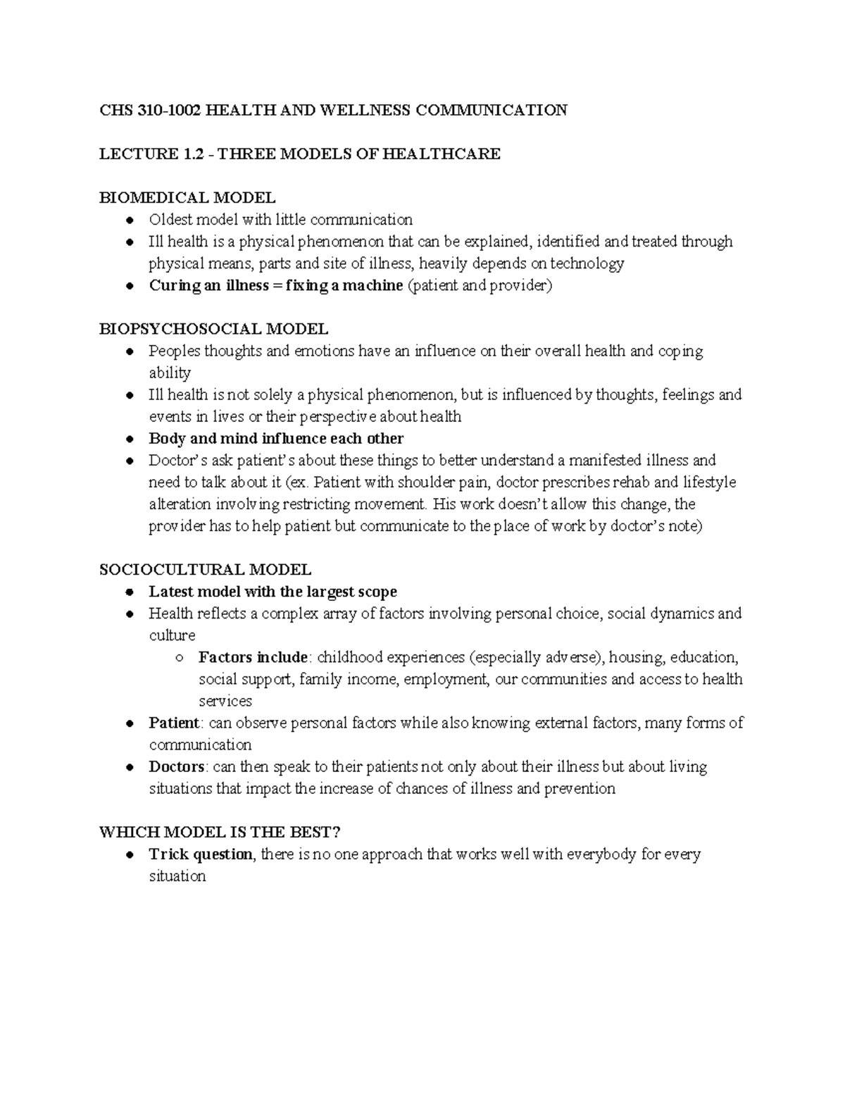 CHS 310- Lecture 1.2 - CHS 310-1002 HEALTH AND WELLNESS COMMUNICATION LECTURE 1 - THREE MODELS ...
