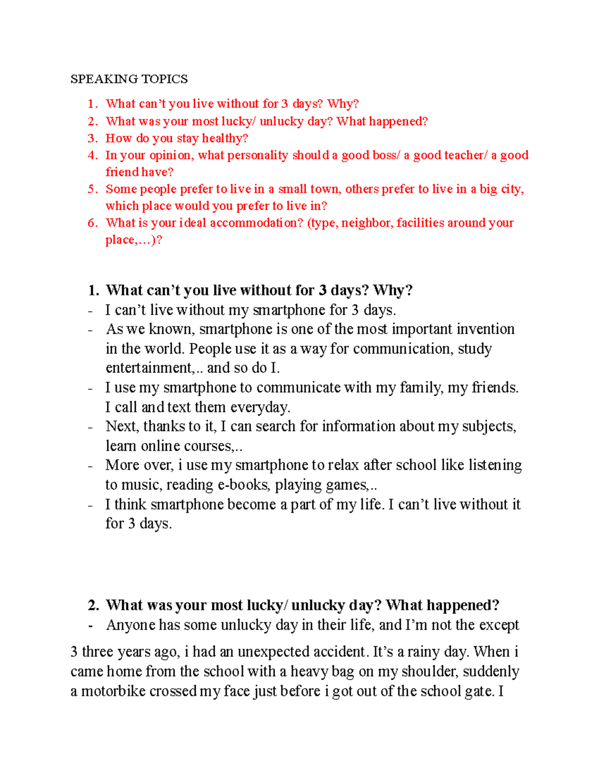 Speaking- Topics - tatp2 - SPEAKING TOPICS 1. What can’t you live ...