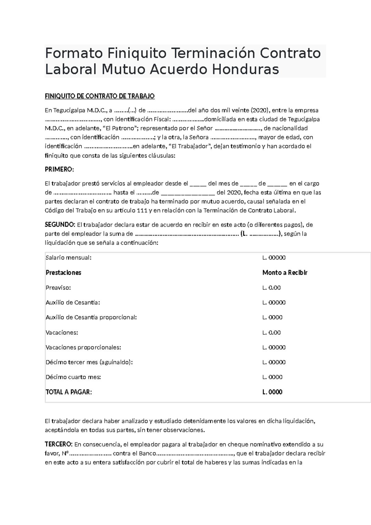 Modelo De Carta Para Solicitar El Finiquito Laboral Honduras