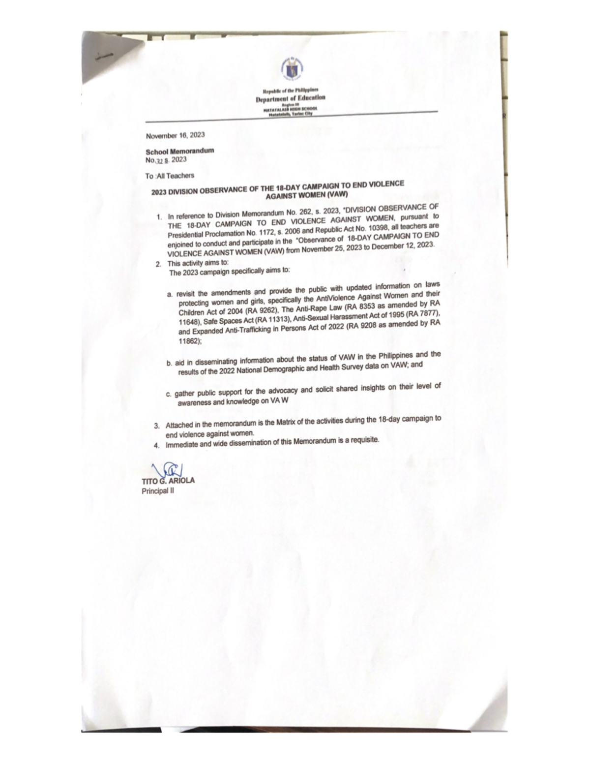 School-Memo-No. 32 s. 2023 Observance-18-Day-Campaign-To-End-Violence-Against-Women - Republic ...