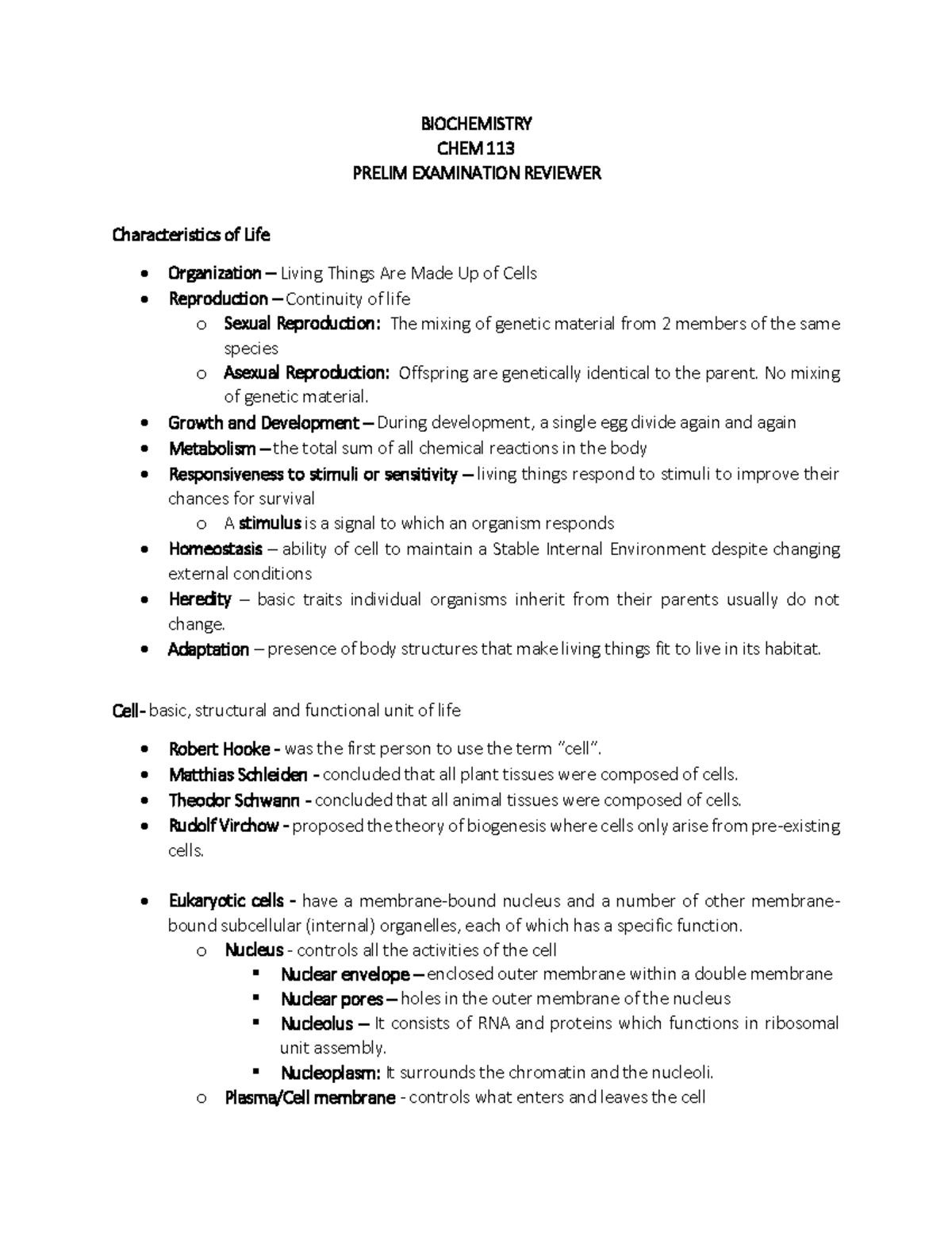 Prelim- Reviewer-CHEM113 - BIOCHEMISTRY CHEM 113 PRELIM EXAMINATION ...