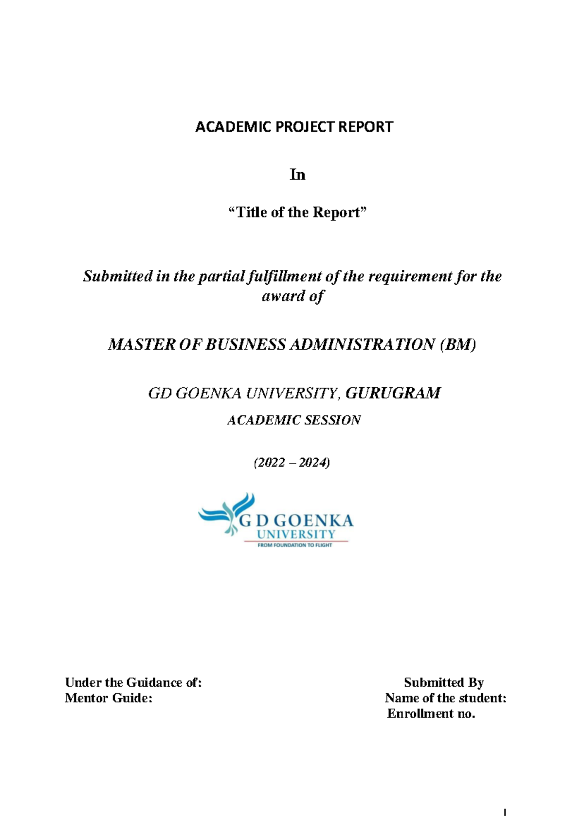 Academic Project Format Academic Project Report In “title Of The