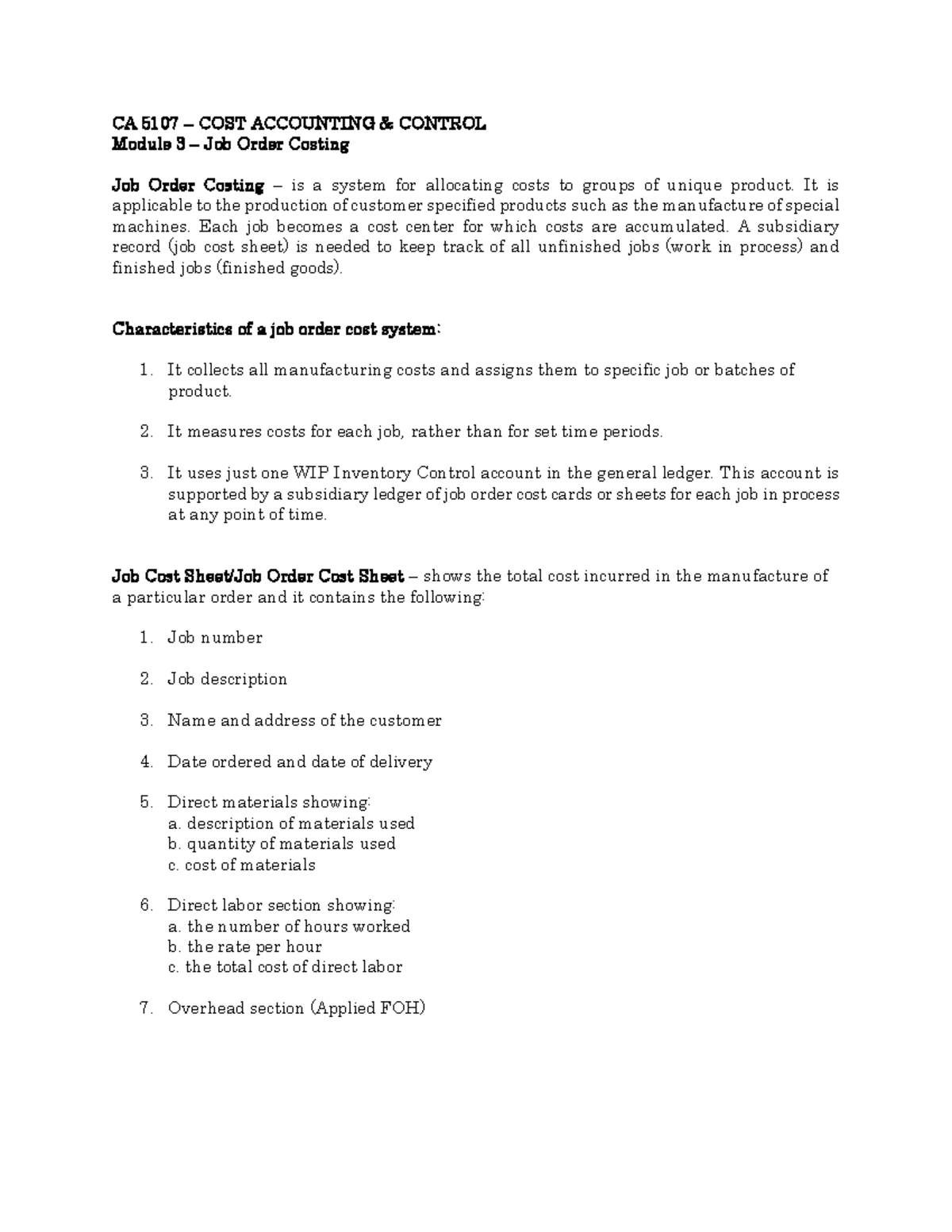 Module 3 Job Order Costing - CA 5107 – COST ACCOUNTING & CONTROL Modul ...