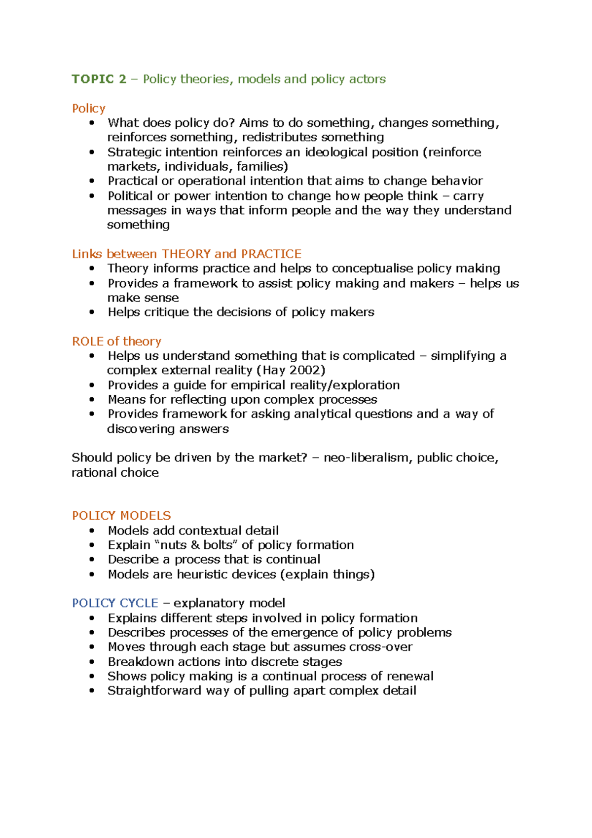 Lectures - TOPIC 2 – Policy theories, models and policy actors Policy ...
