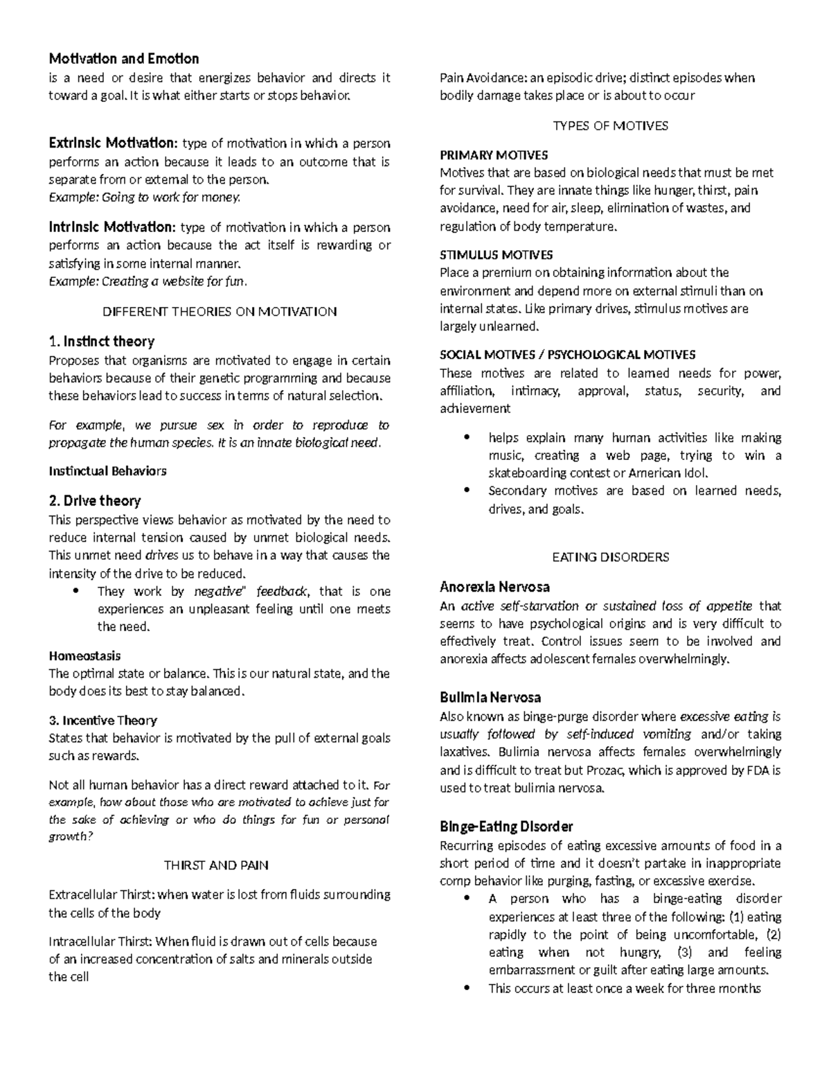 Motivation and Emotion Handouts - Motivation and Emotion is a need or ...