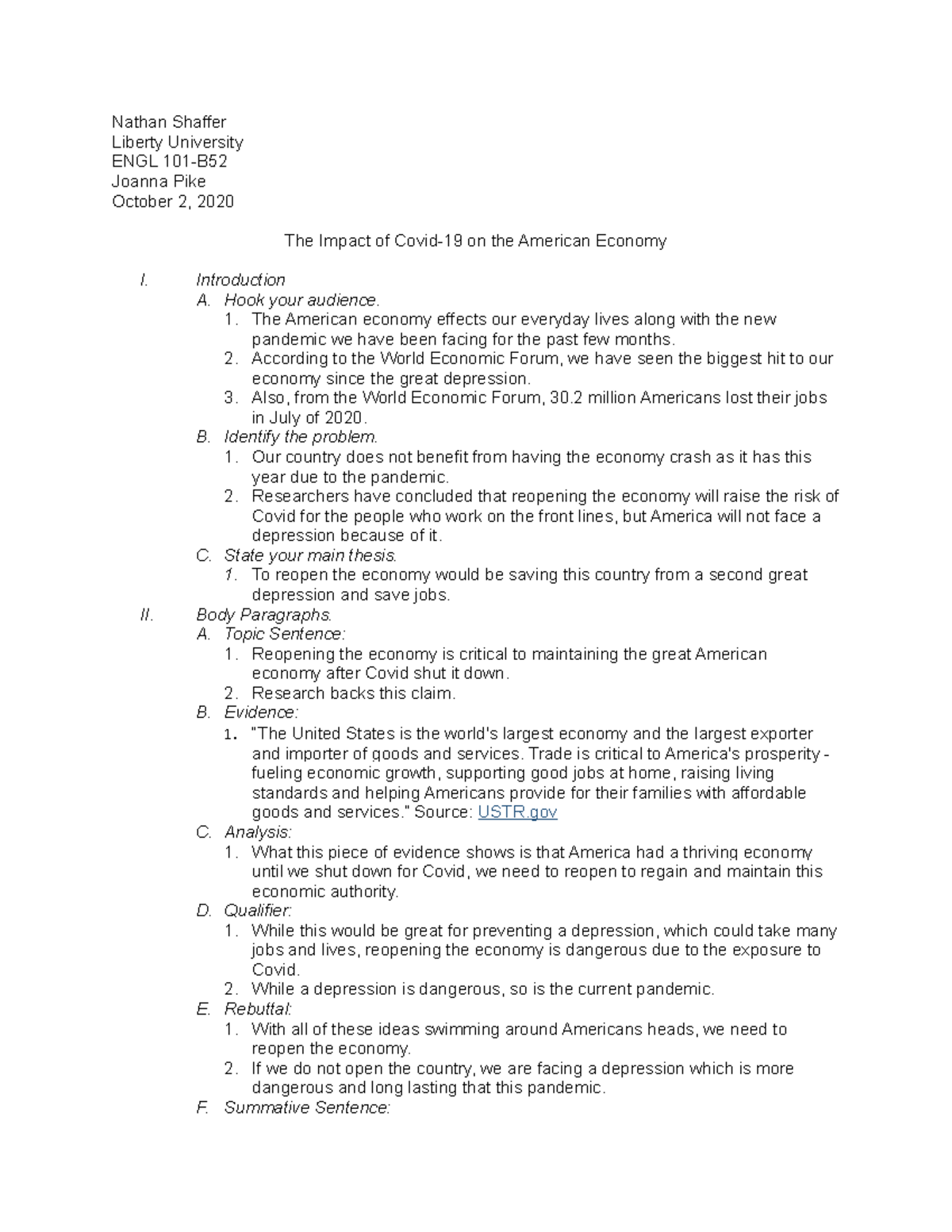ENG 101 Outline 3 - Classwork - Nathan Shaffer Liberty University ENGL ...