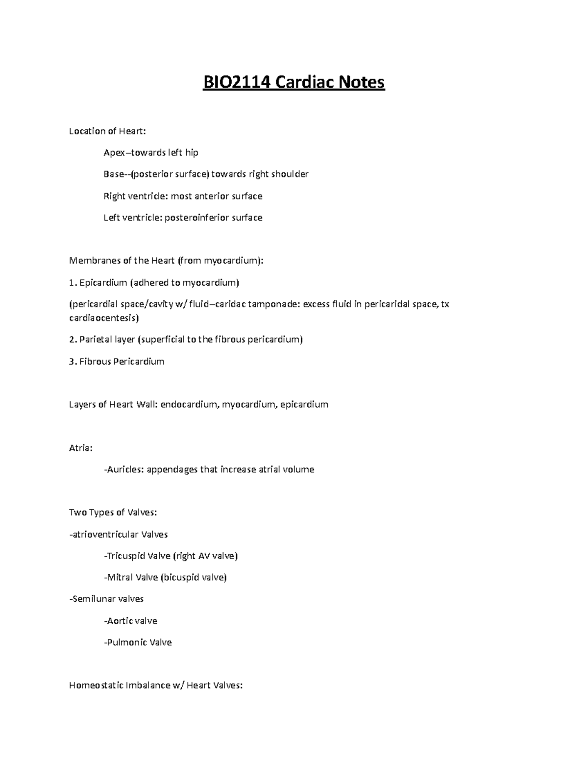 BIO2114 Cardiac Notes - BIO2114 Cardiac Notes Location of Heart: Apex ...