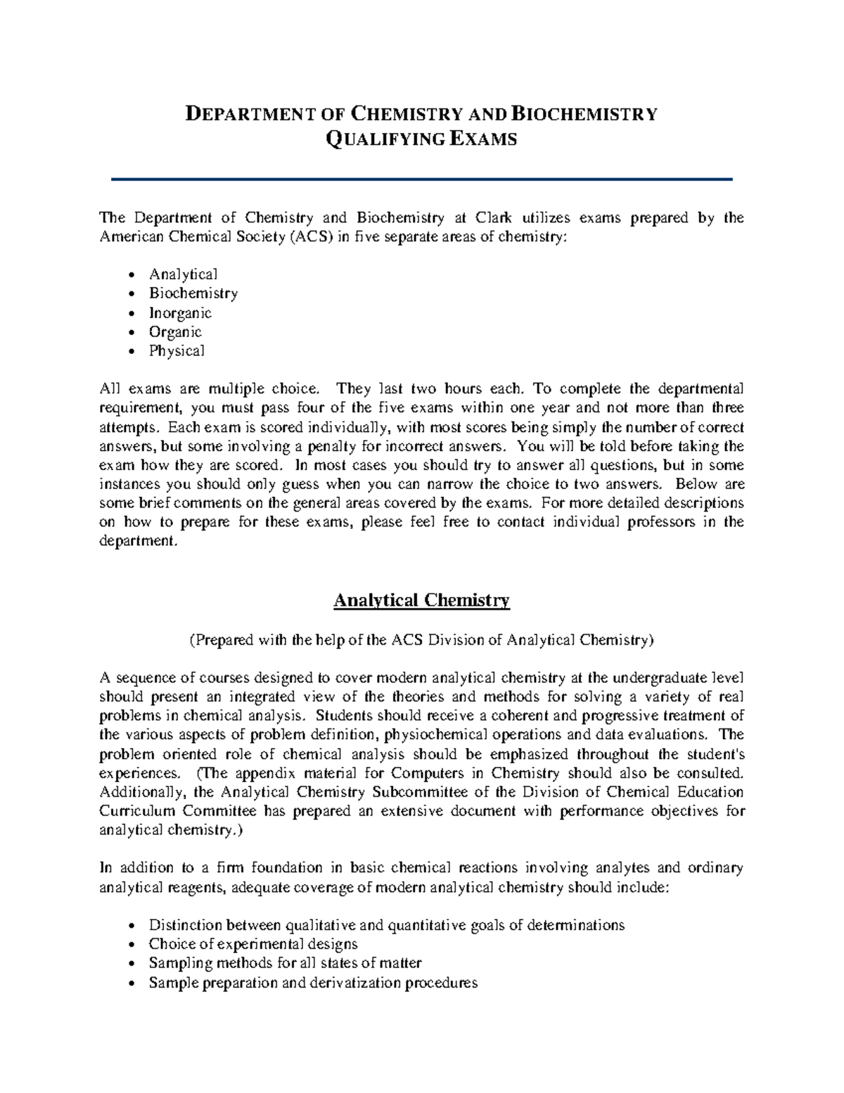Department OF Chemistry AND Biochemistry Qualifying Exams - DEPARTMENT ...