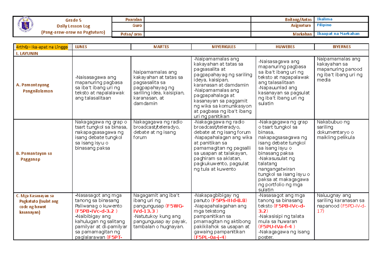 Filipino Q4 week 4 (edited) - Grade 5 Daily Lesson Log (Pang-araw-araw ...