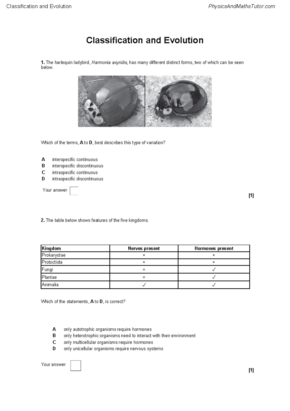4.2 Classification and Evolution MCQ QP - Classification and Evolution ...