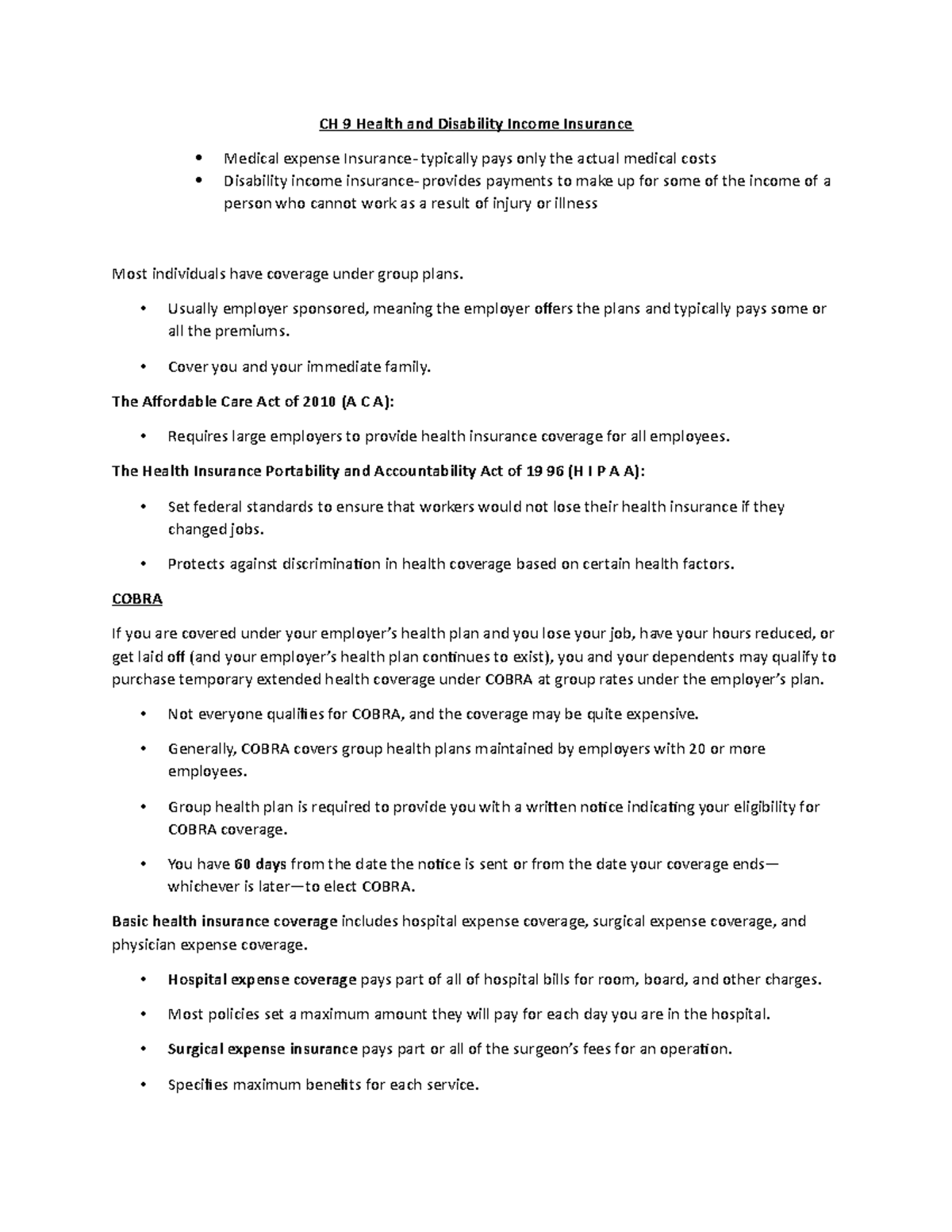 Ch 9 notes - CH 9 Health and Disability Income Insurance Medical ...