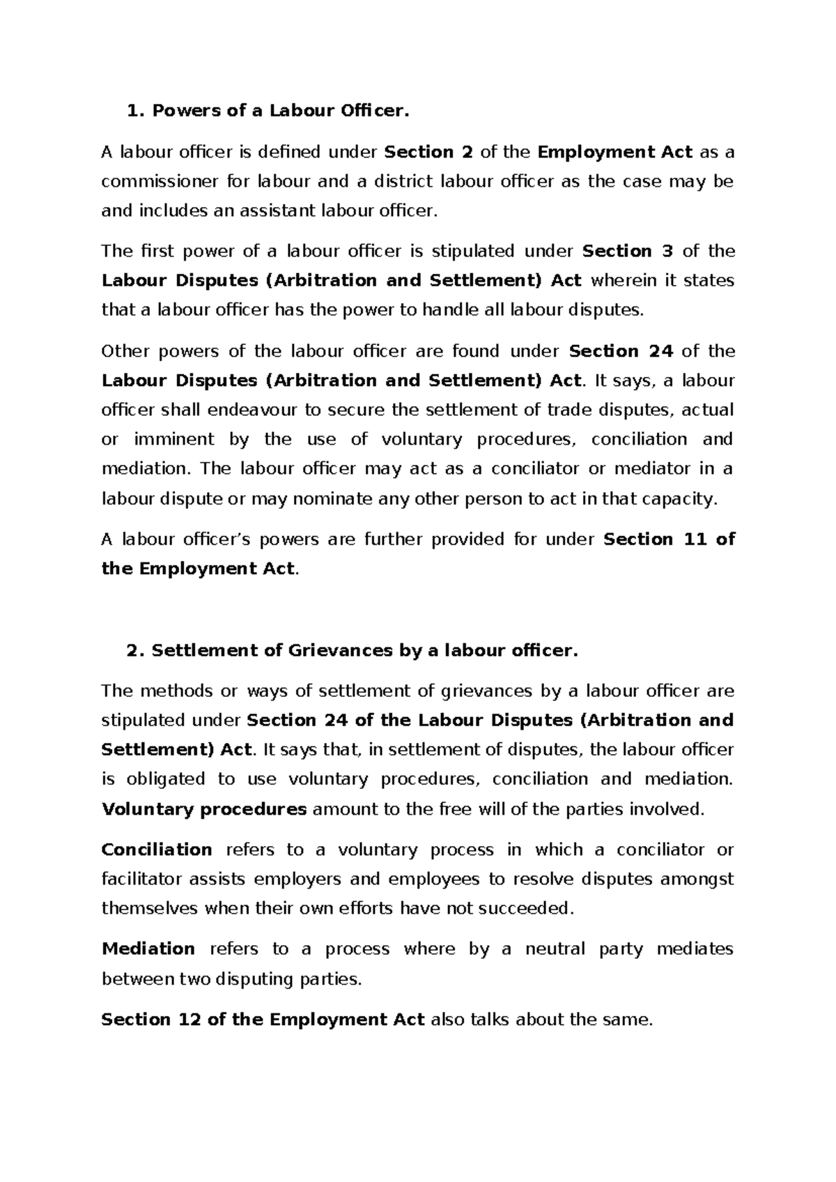 Powers of a Labour Officer - A labour officer is defined under Section ...