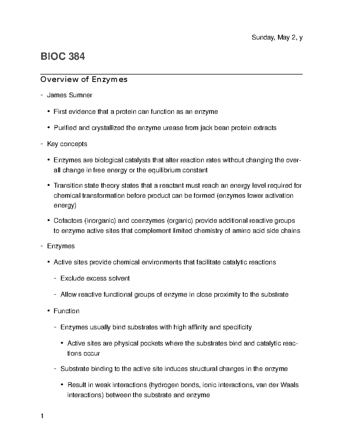 19 - Overview of Enzymes - Wednesday, August 28, y BIOC 384 Overview of ...