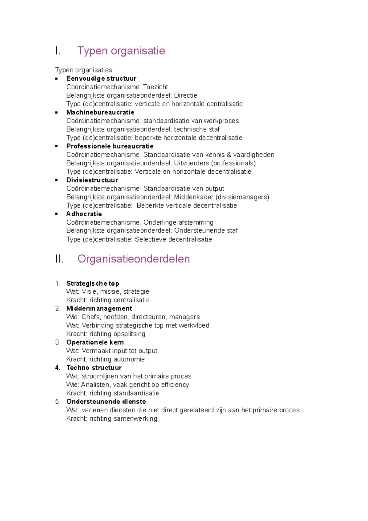 Overzicht - I. Typen organisatie Typen organisaties: Eenvoudige ...