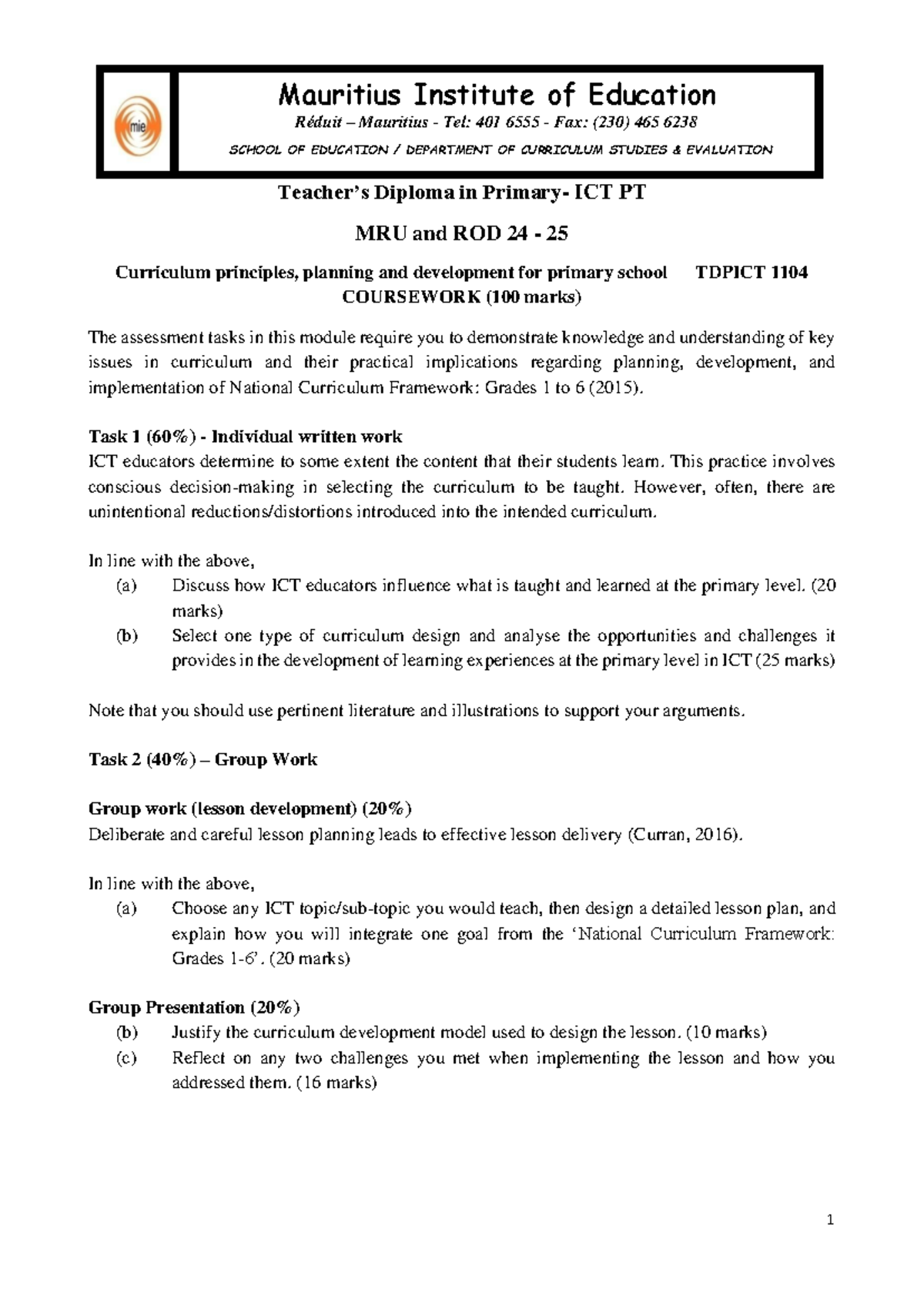 TDP ICT PT 24-25 Coursework- cs 2024 final - 1 Mauritius Institute of ...