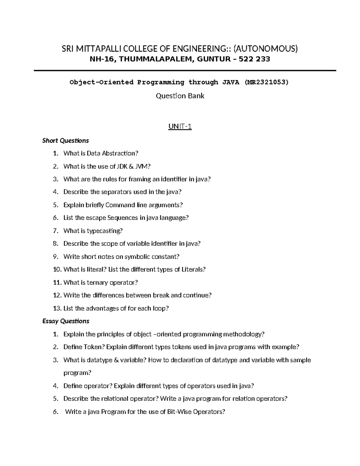 OOPS through java (Question Bannk) - SRI MITTAPALLI COLLEGE OF ...