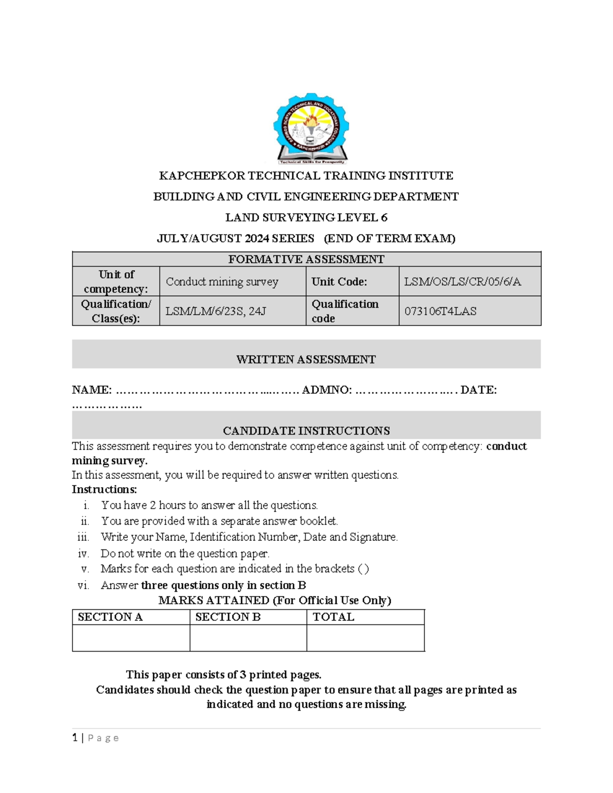 Mining Survey Level 6 6 Copies - KAPCHEPKOR TECHNICAL TRAINING ...
