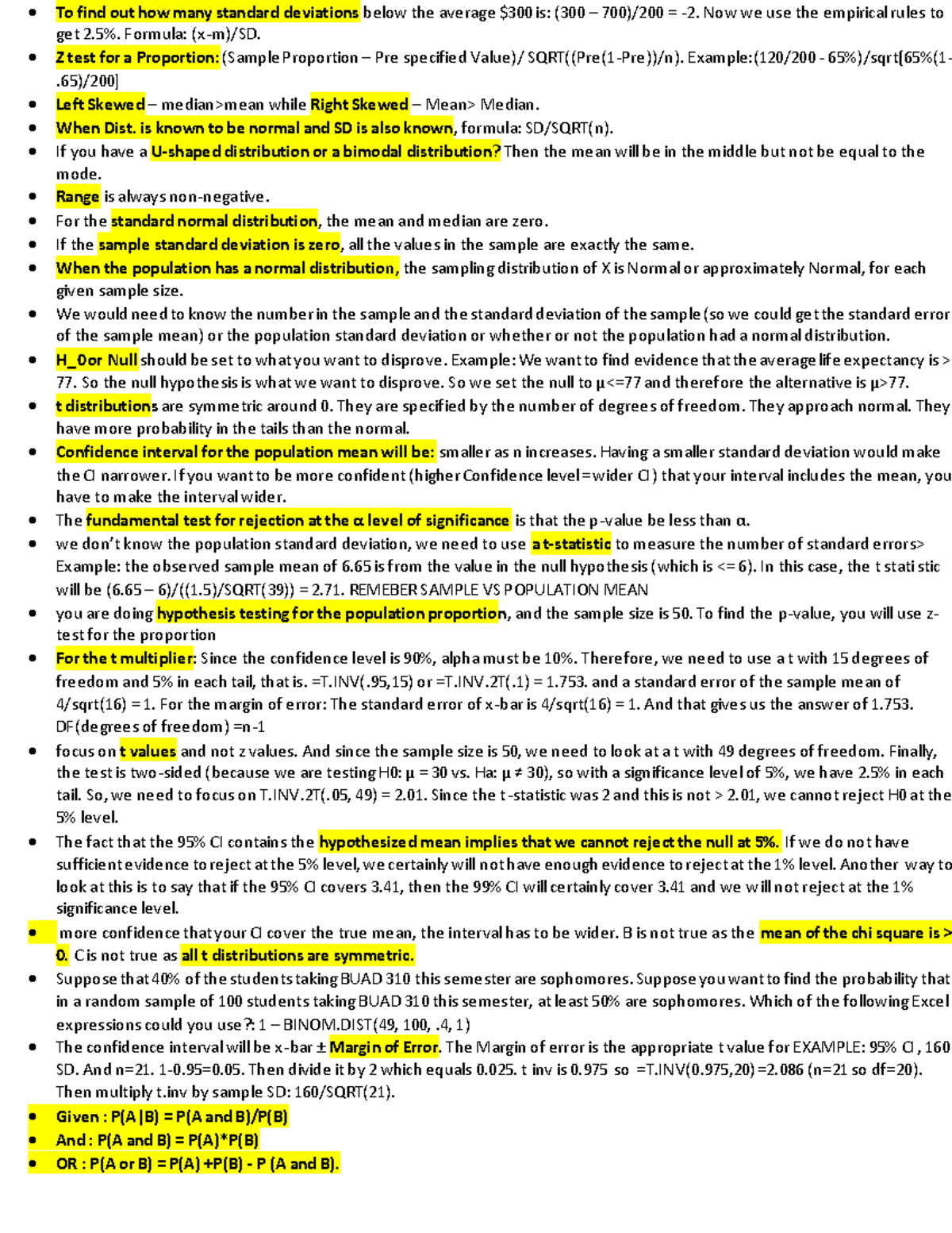 310 cheat sheet - Summary Applied Business Statistics - To find out how ...