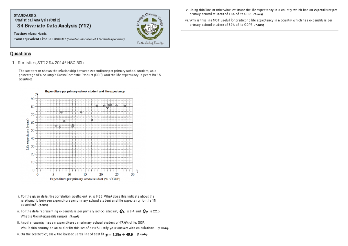 HSC Task 2 Question Set 4 - 1. Statistics, STD2 S4 2014* HSC 30b ...